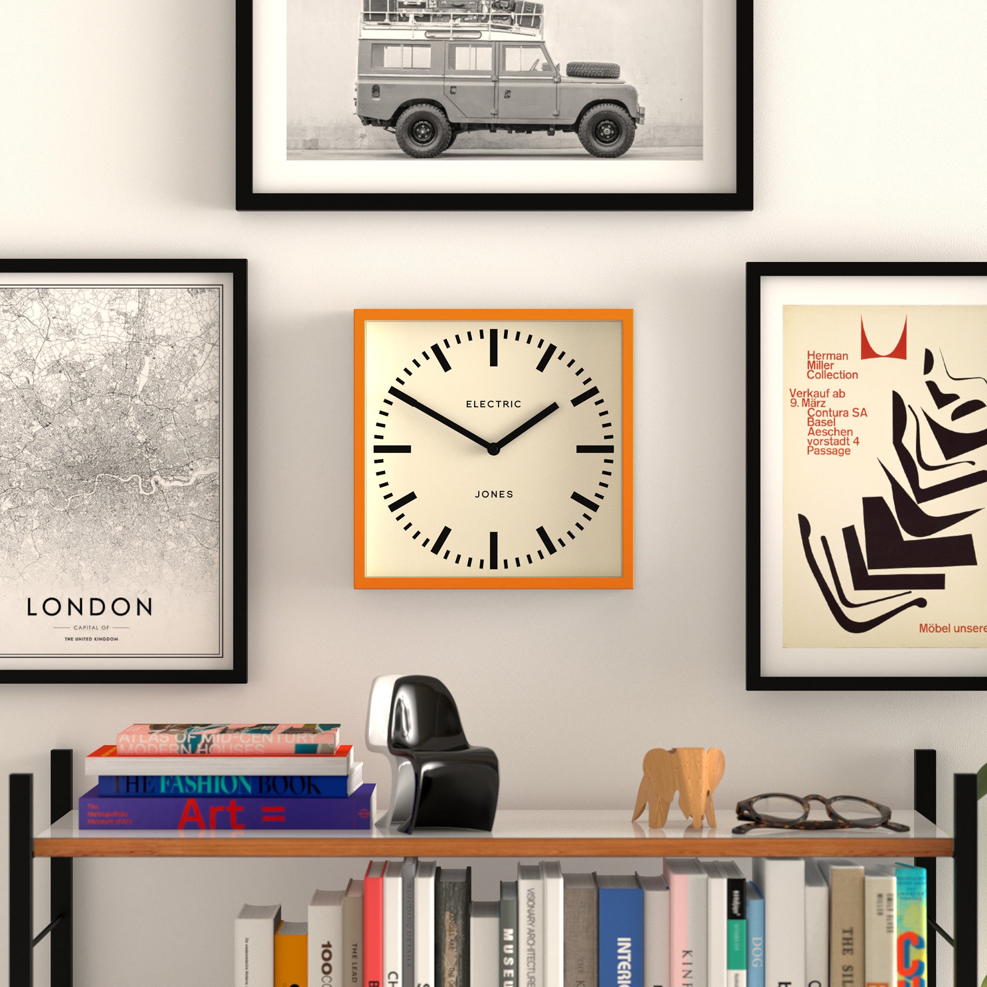 Jones Box wall clock in orange 25cm – Jones Clocks