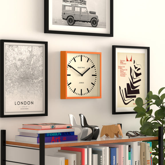 Jones Box wall clock in orange 25cm – Jones Clocks
