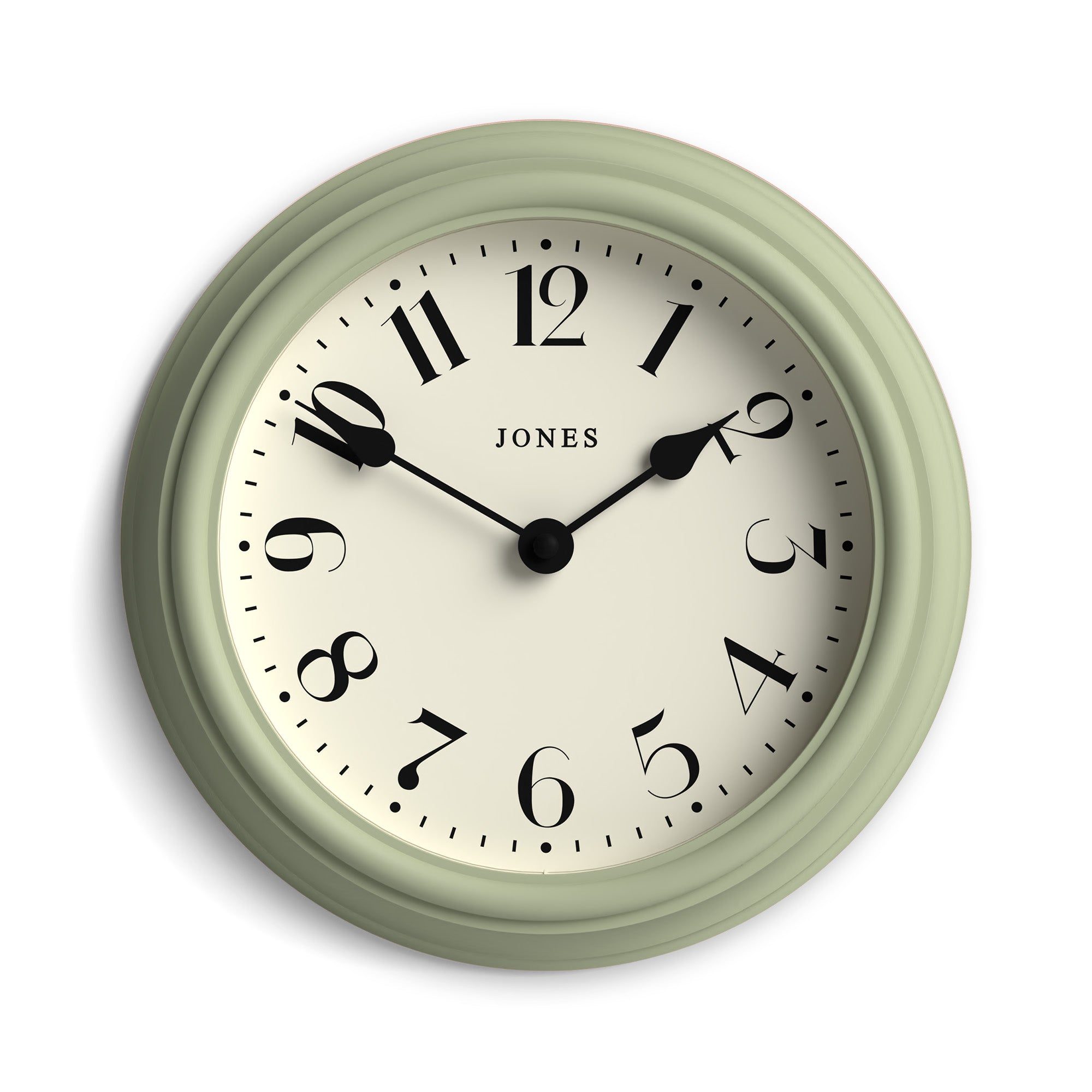 Jones Frieze wall clock in sage green 23cm – Jones Clocks