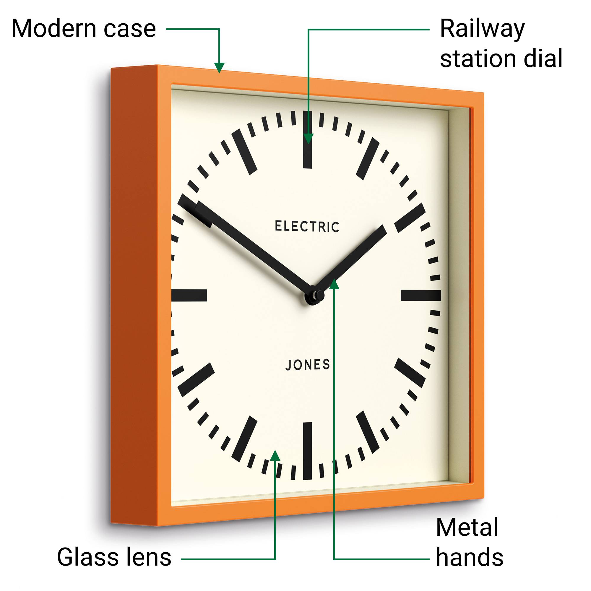 Jones Box wall clock in orange 25cm – Jones Clocks