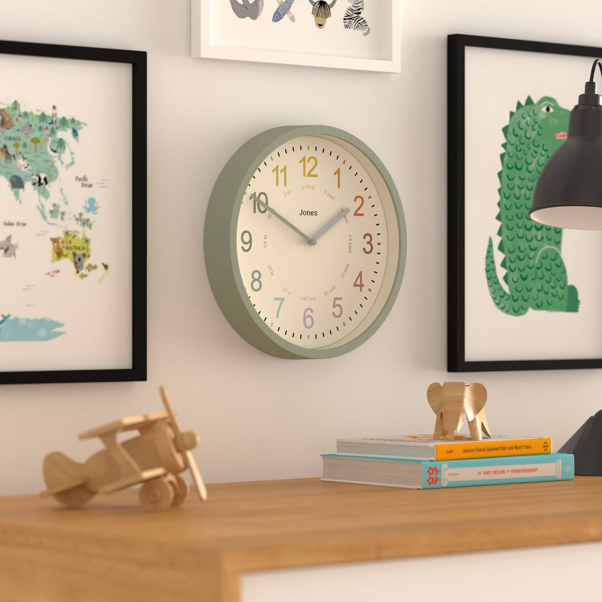 Jones Kids wall clock in sage green 25cm – Jones Clocks