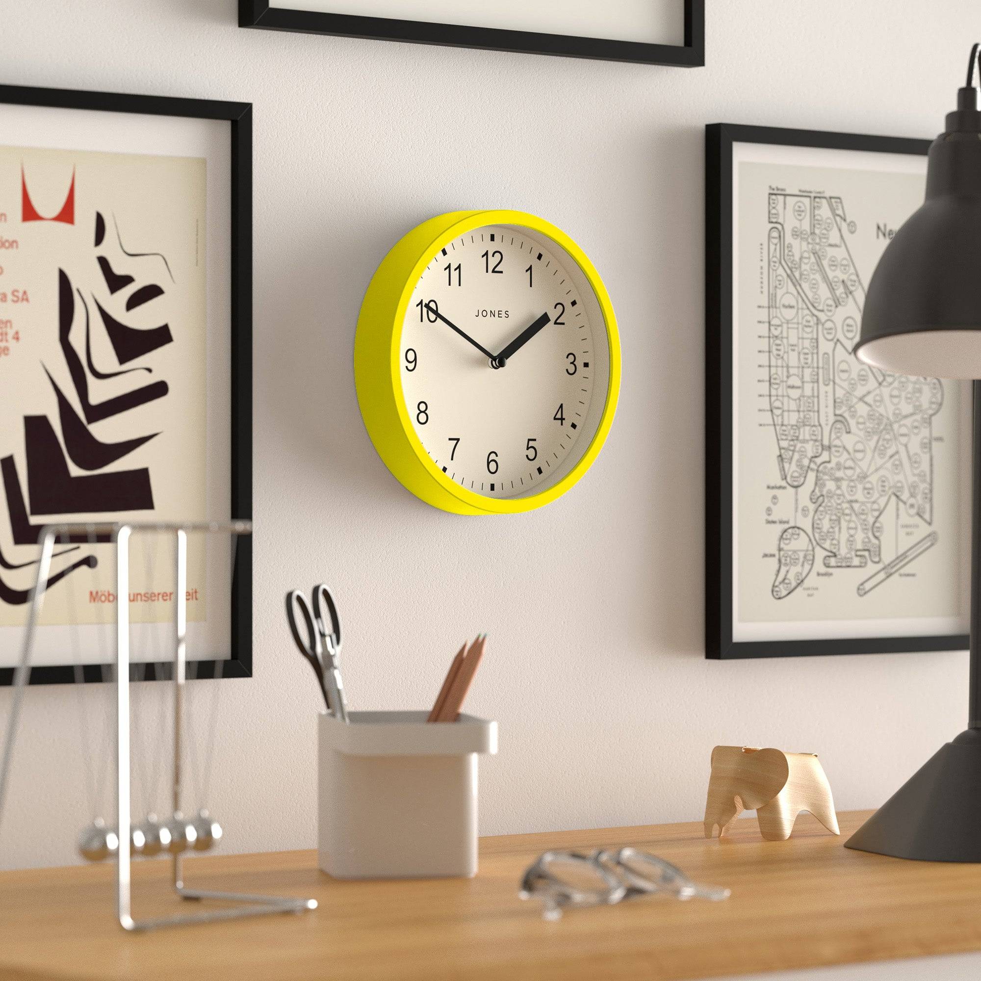 Jones Spin wall clock in yellow 20cm – Jones Clocks
