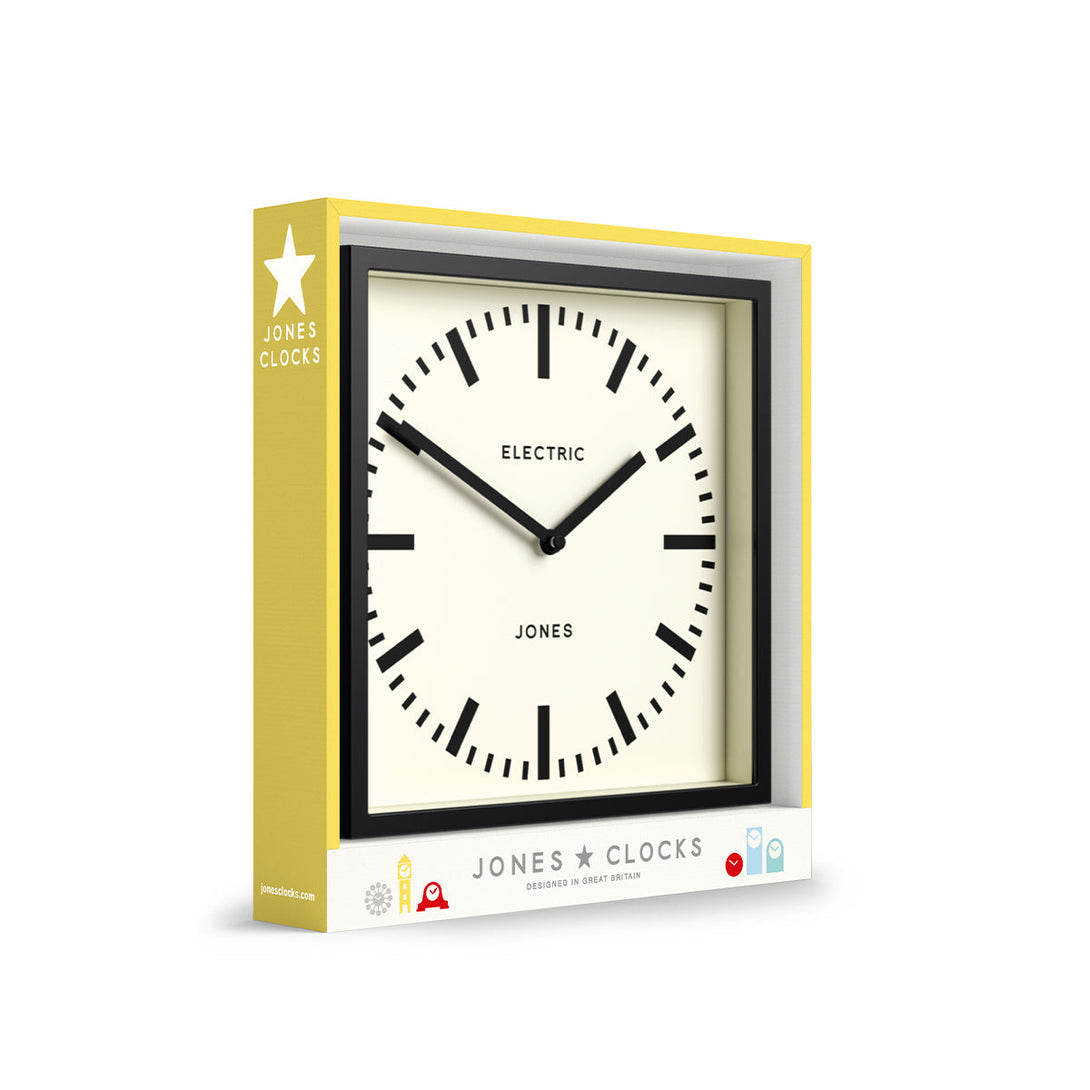 Jones Box wall clock in black 25cm – Jones Clocks