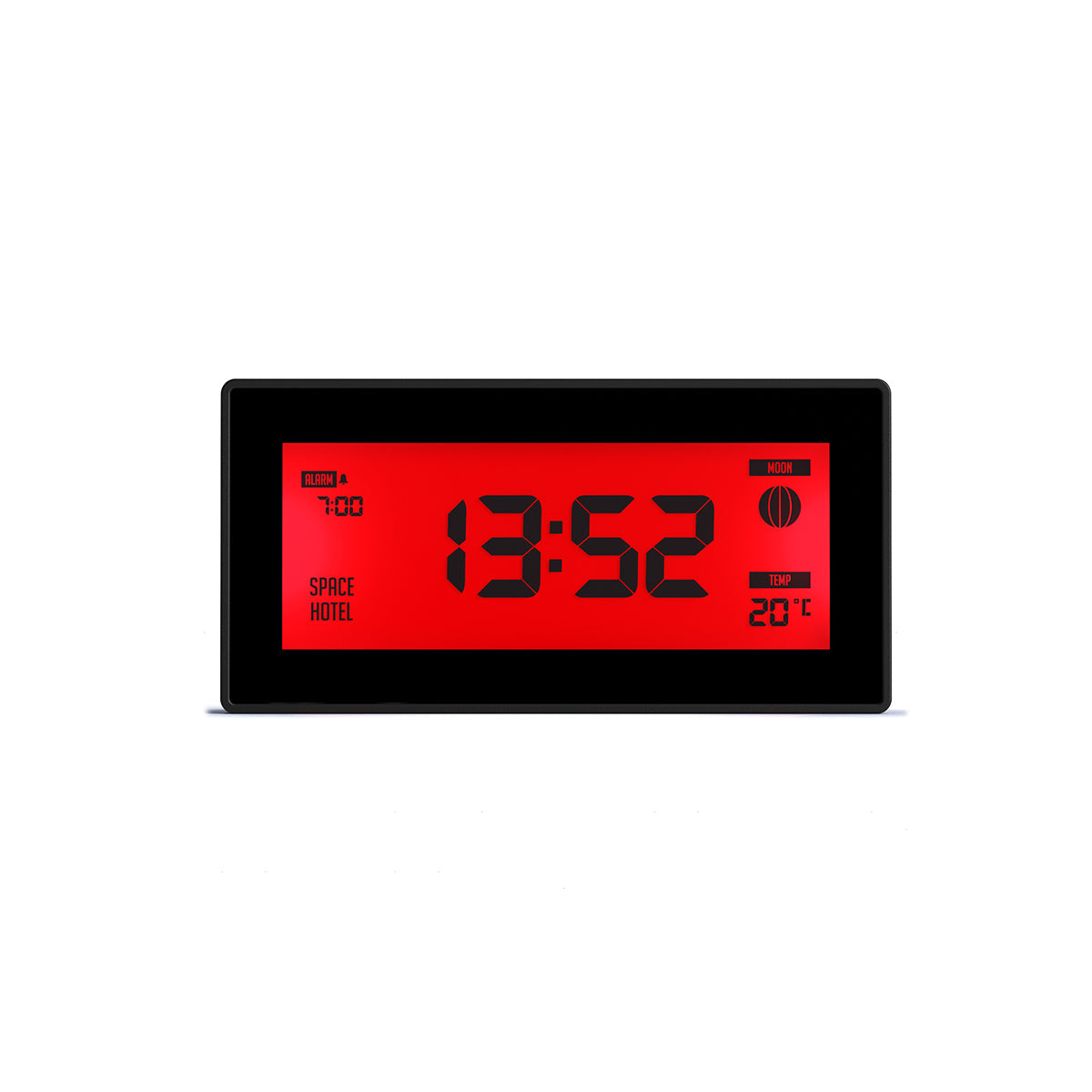 Space Hotel Robot 10 LCD clock in black and red – Jones Clocks